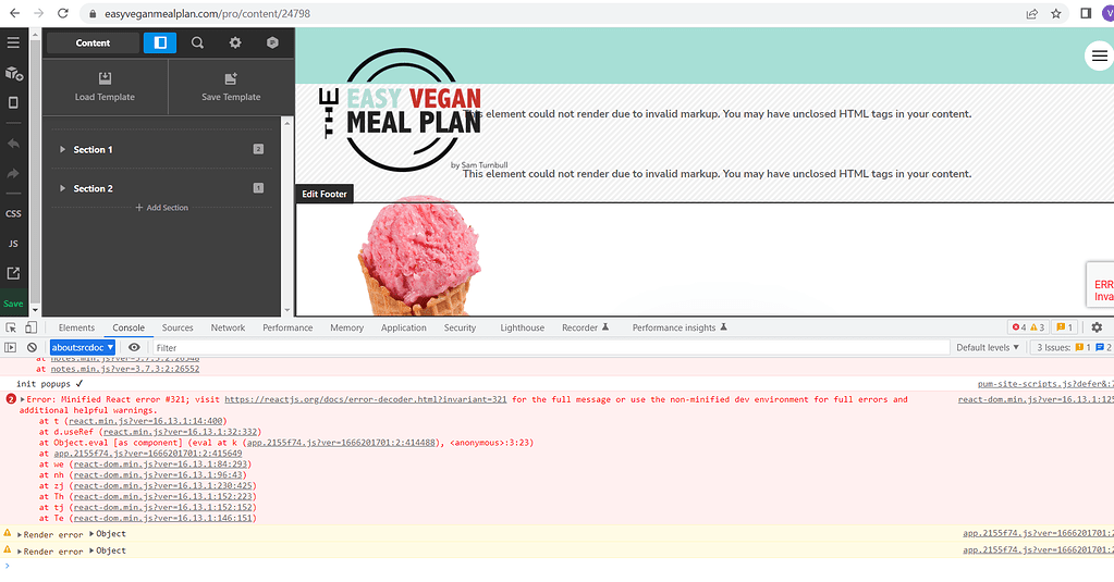 Getting error in Edit with Pro "This element could not render due to invalid markup. You may ...